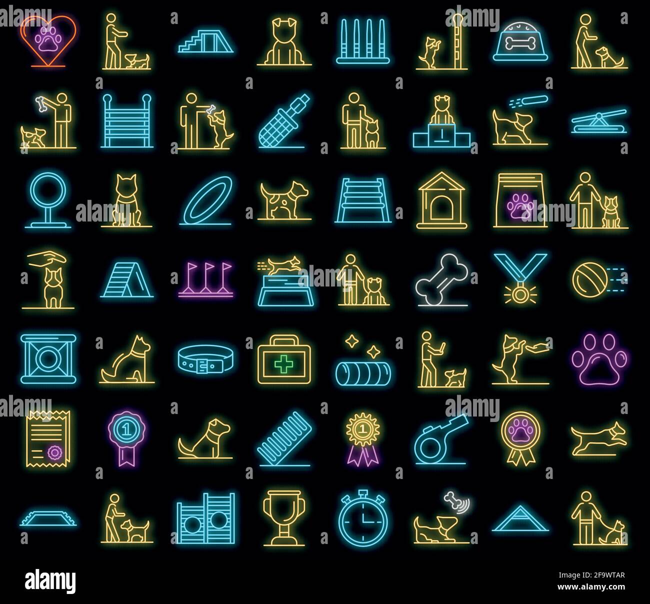 Dog training icons set. Outline set of dog training vector icons neon ...