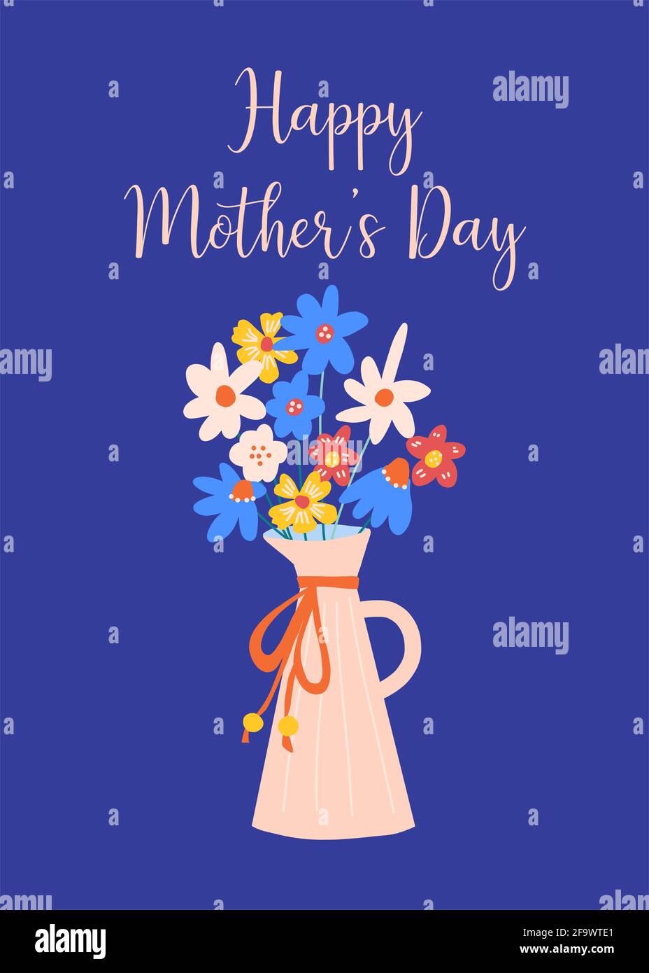 Mothers Day greeting card template flower vase blue. Floral vase hand ...