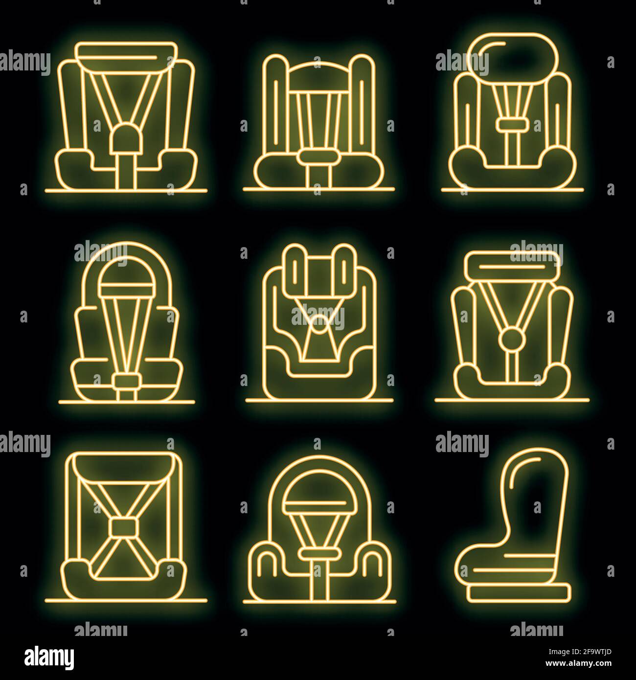 Baby car seat icons set. Outline set of baby car seat vector icons neon ...