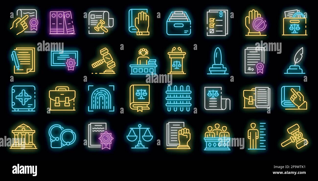 Legislation icons set. Outline set of legislation vector icons neon ...