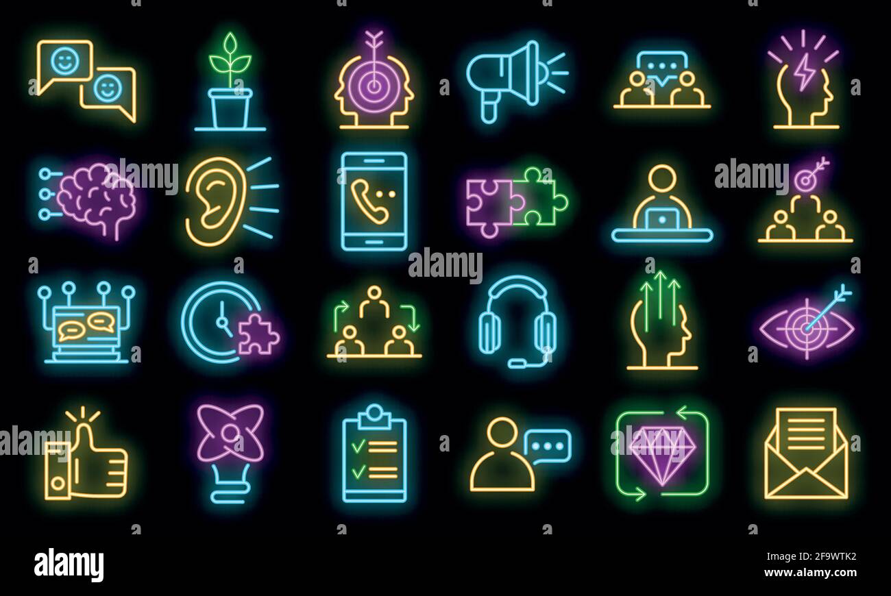 CRM icons set. Outline set of CRM vector icons neon color on black ... CRM icons set. Outline set of CRM vector icons neon color on black ...