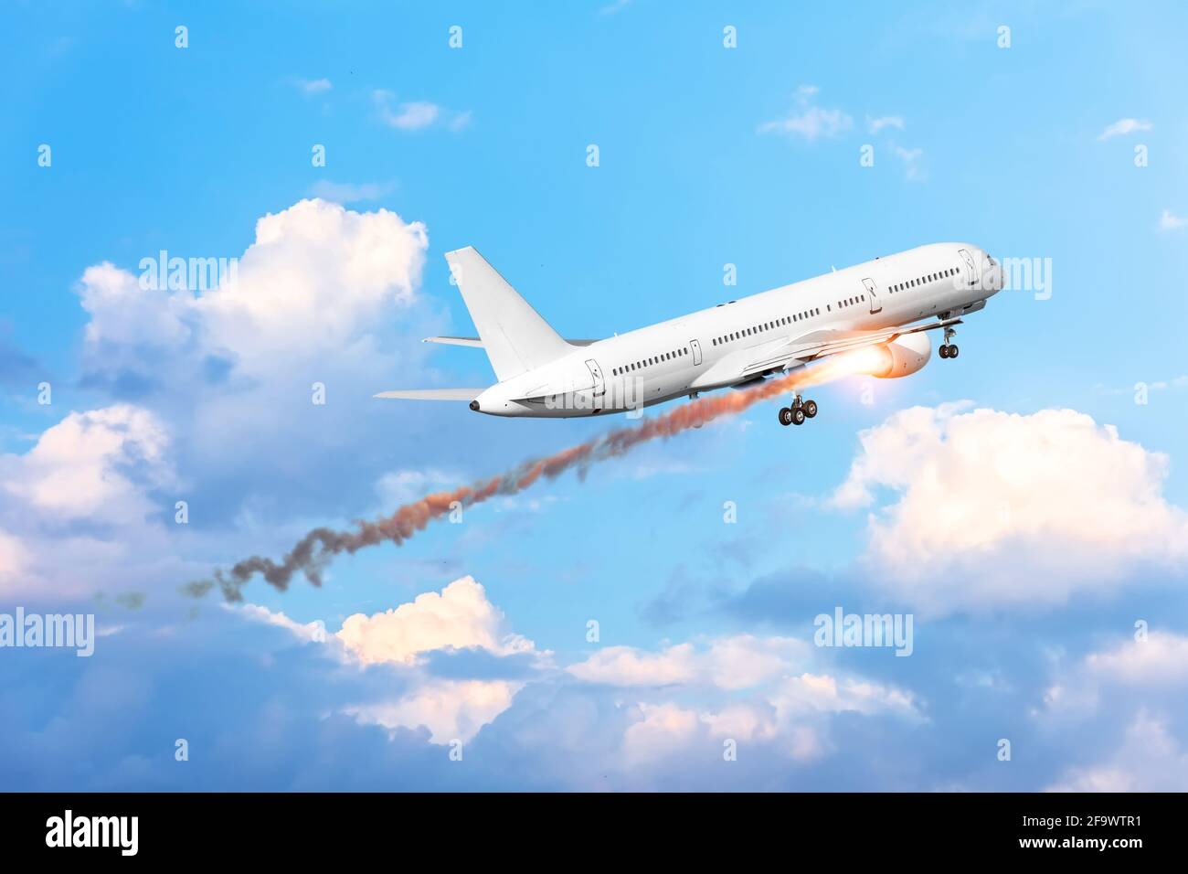 Airplane explosion with engine on fire during take off Stock Photo - Alamy