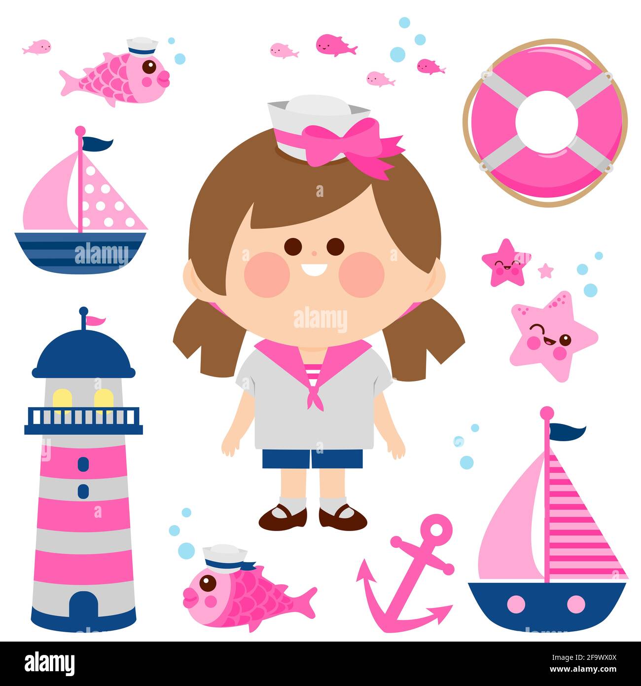 Girl in nautical sailor outfit and nautical vector set. Illustration ...