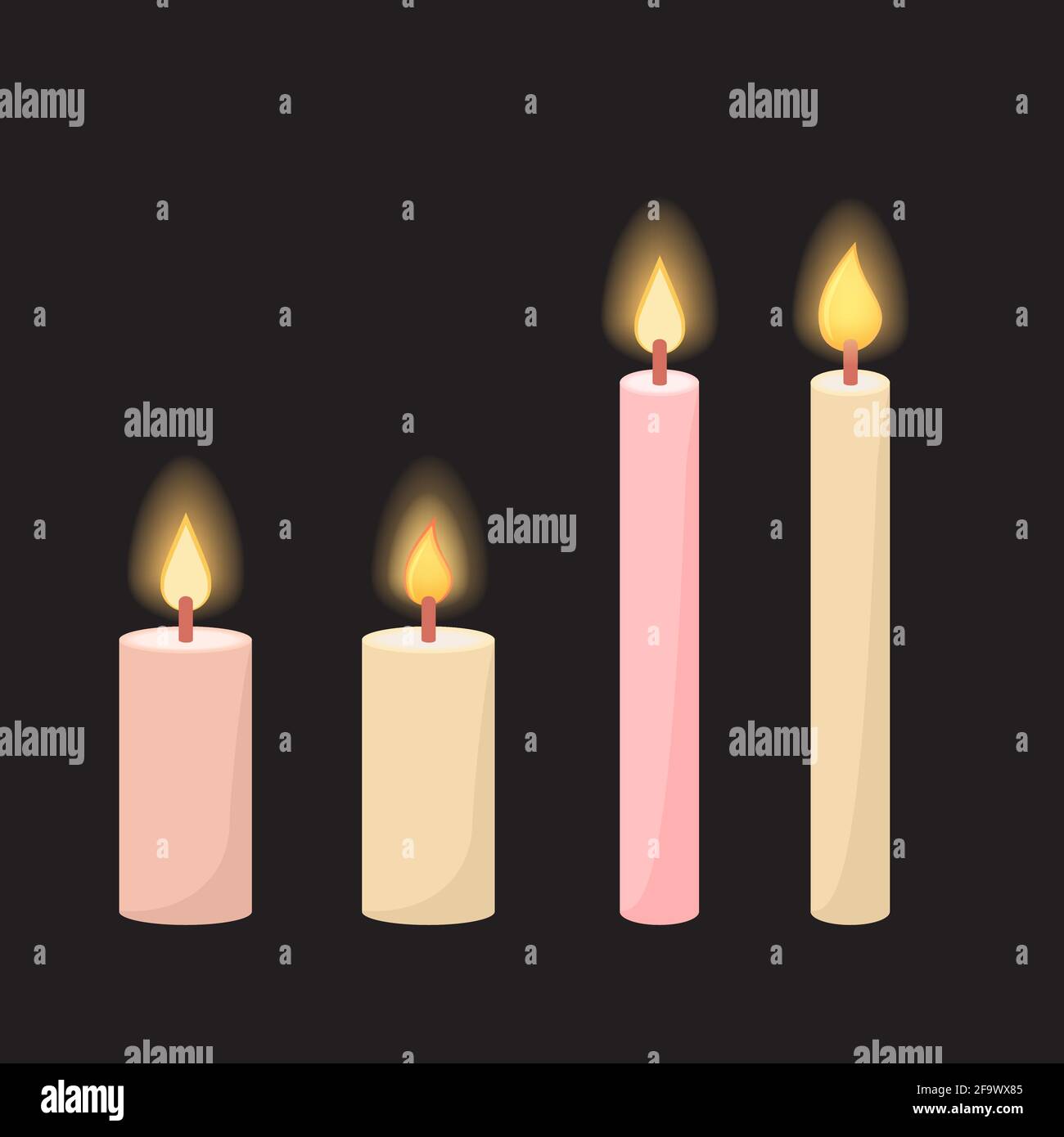Burning candles flame set. Cartoon burning church wax candles on the ...