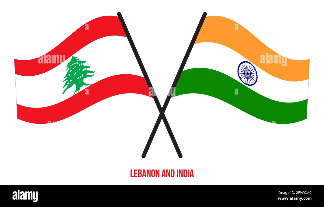 Lebanon and India Flags Crossed And Waving Flat Style. Official ...