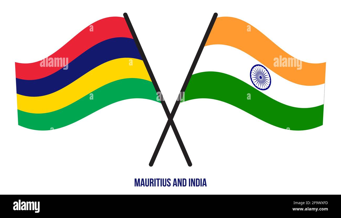 Mauritius and India Flags Crossed And Waving Flat Style. Official ...