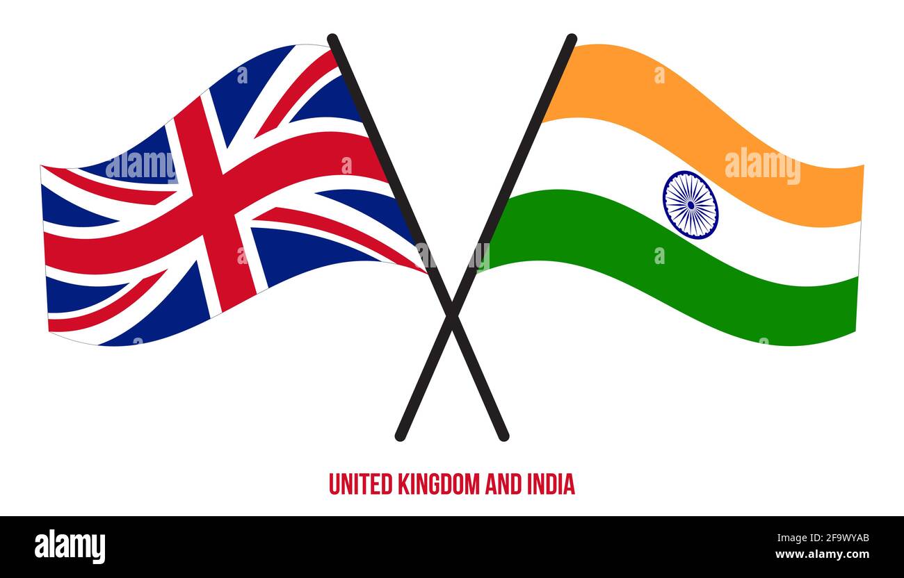 United Kingdom and India Flags Crossed And Waving Flat Style. Official ...