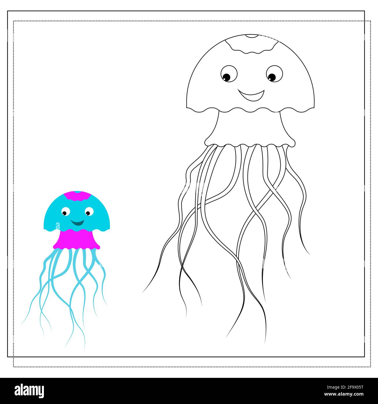 The page of the coloring book, octopus. Sketch and color version ...