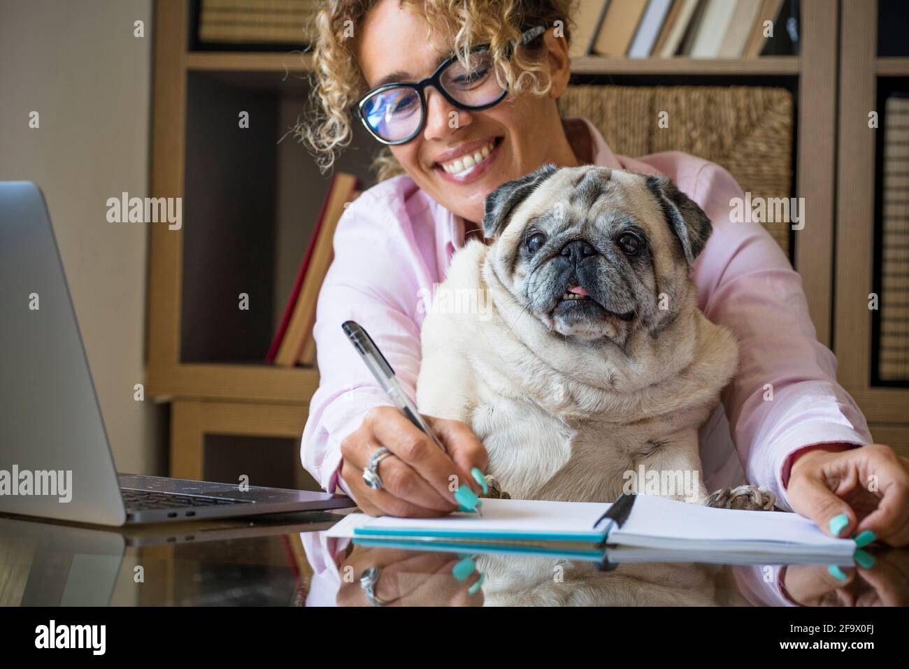 Smart working home office activity young modern woman and dog together ...