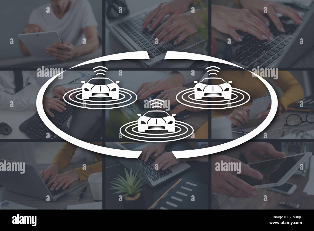 Connected cars concept illustrated by pictures on background Stock ...