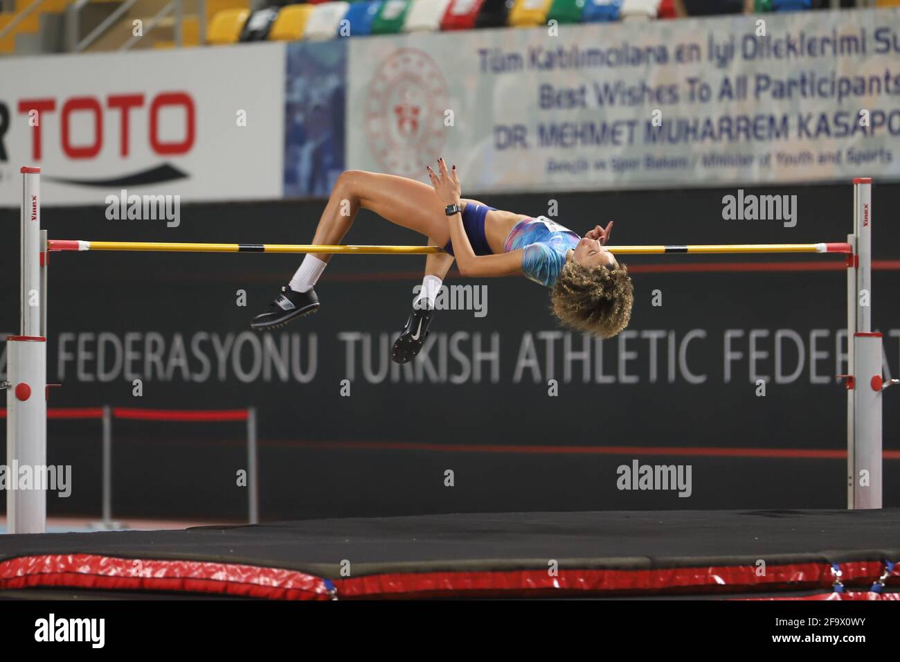 ISTANBUL, TURKEY - FEBRUARY 23, 2021: Undefined athlete high jumping ...