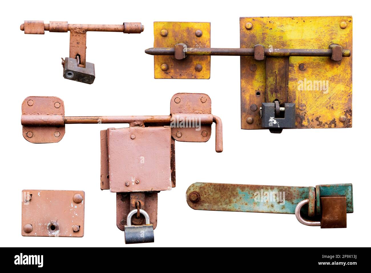 Old rusty garage or gate locks set isolated on white background ...