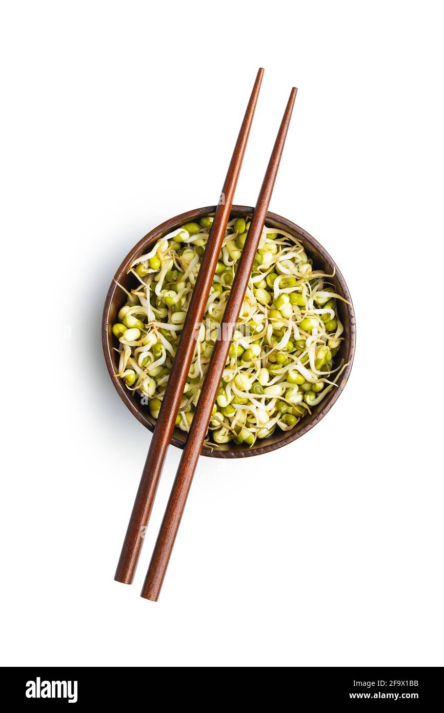 Sprouted green mung beans. Mung sprouts in wooden bowl isolated on ...