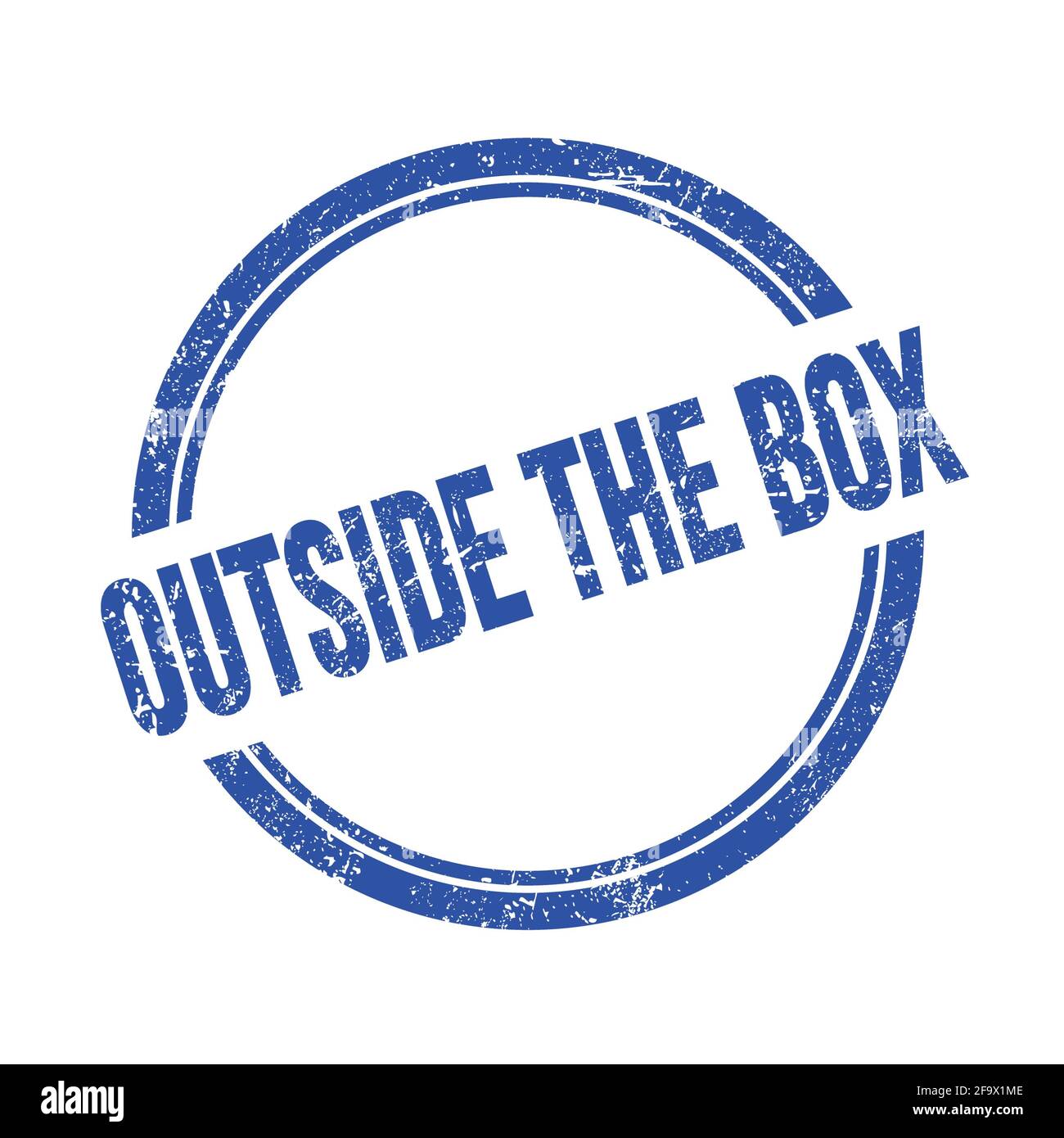 OUTSIDE THE BOX text written on blue grungy vintage round stamp Stock ...
