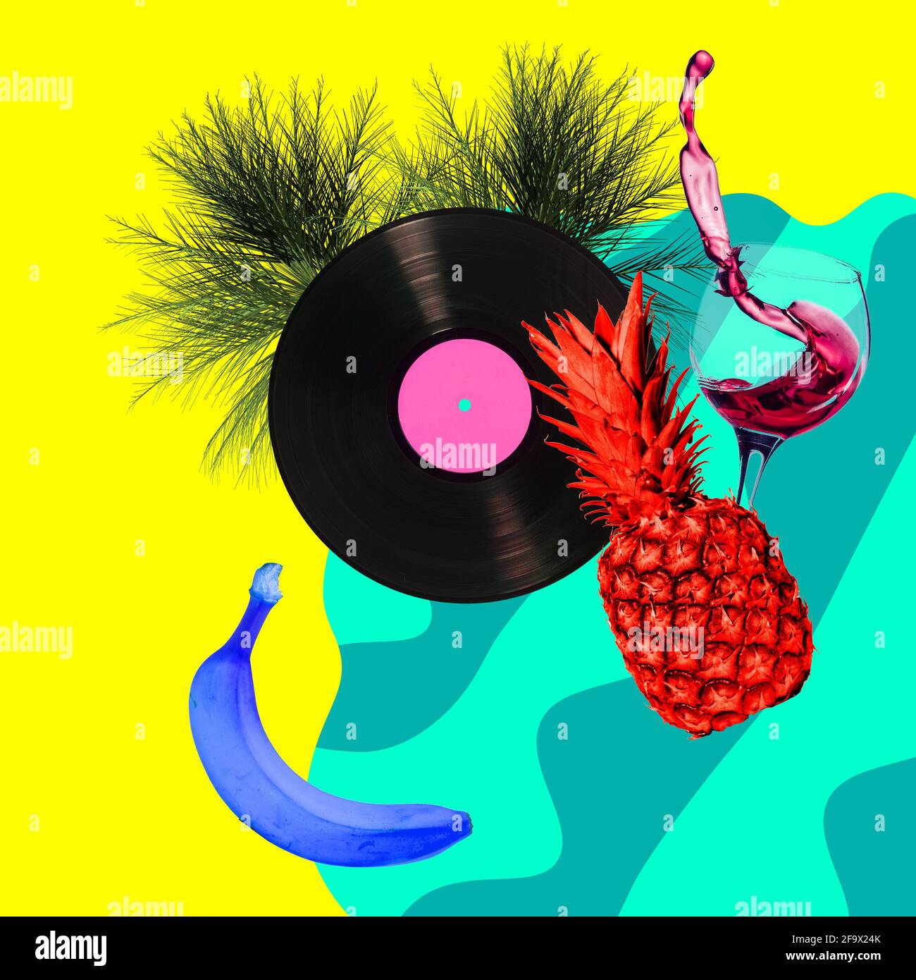 Contemporary art collage, modern design. Party mood. Pineapple, banana ...