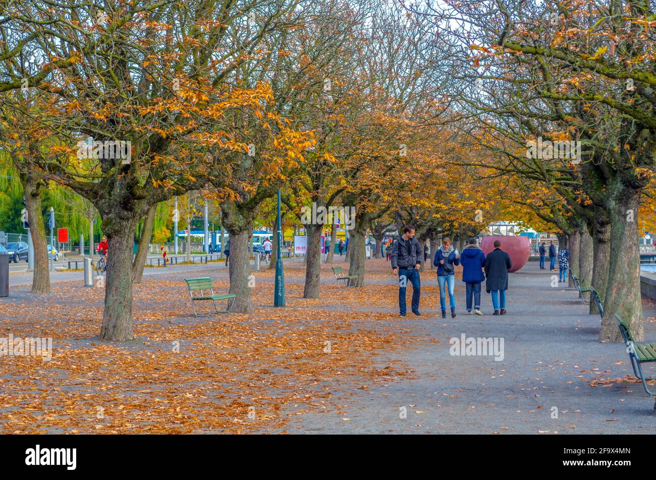 ZURICH, SWITZERLAND, OCTOBER 24, 2015: promenade alongside of the ...
