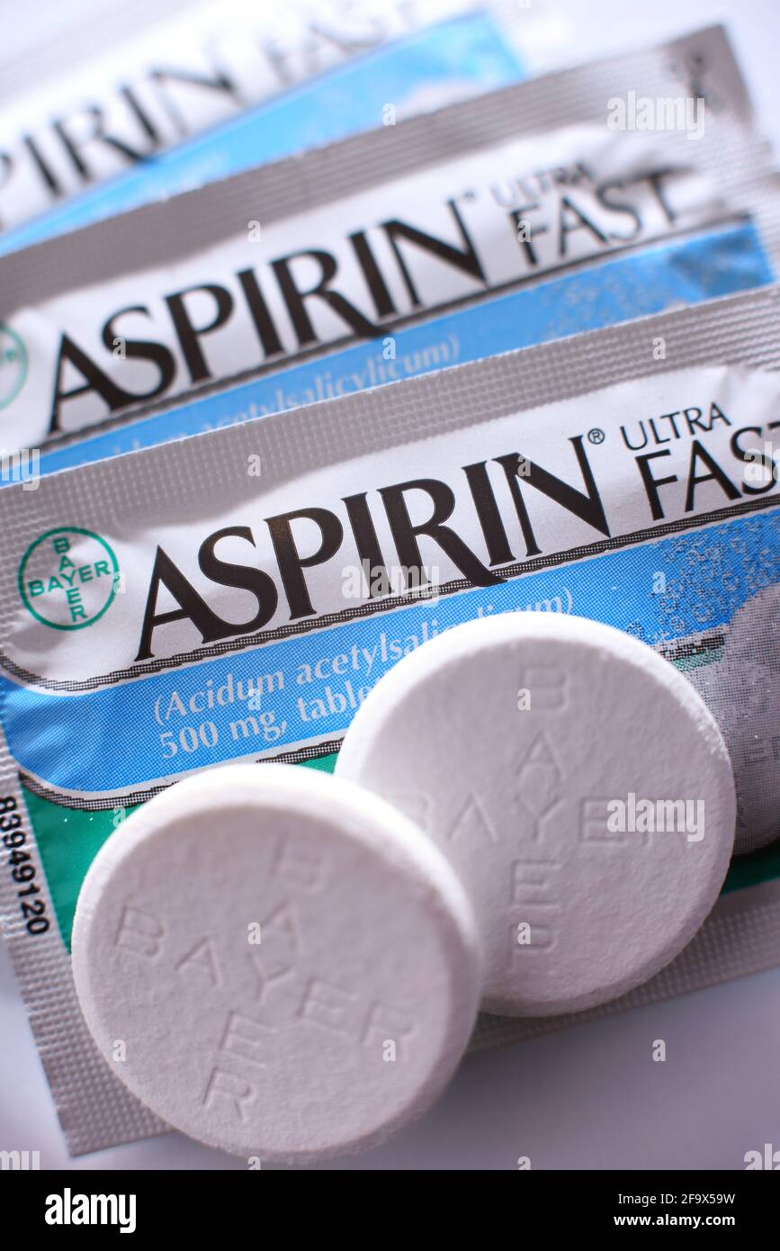 POZNAN, POL - FEB 17, 2021: Aspirin pills, a brand of popular ...