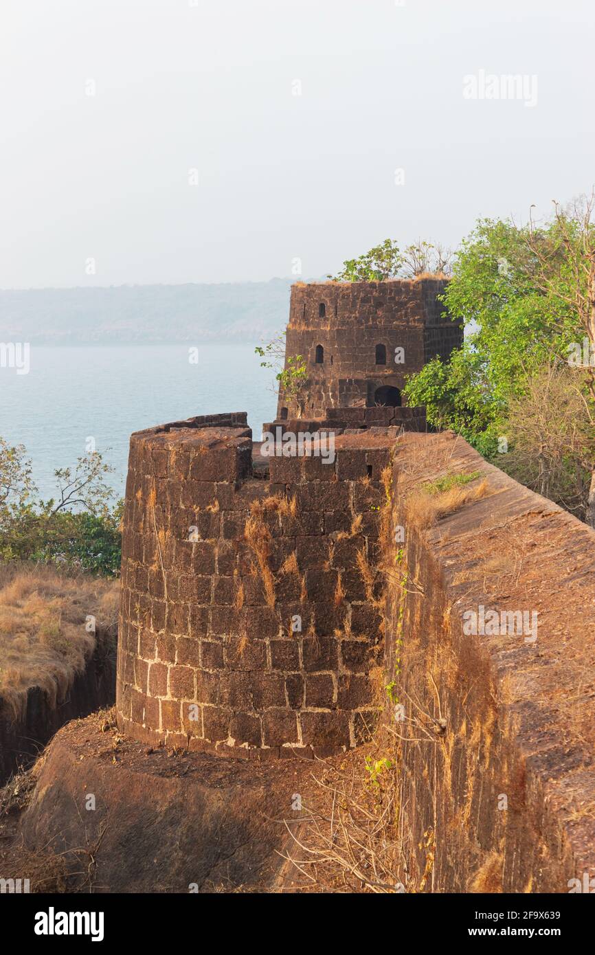 View of wall and rampart of Jaigad fort. Jaigad, Maharashtra, India ...