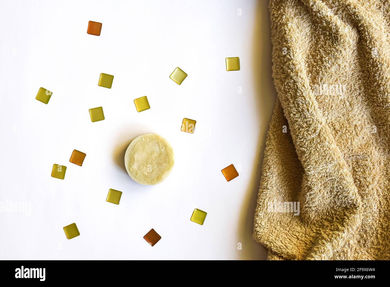 Spa accessories - round natural handmade soap and beige fluffy terry ...