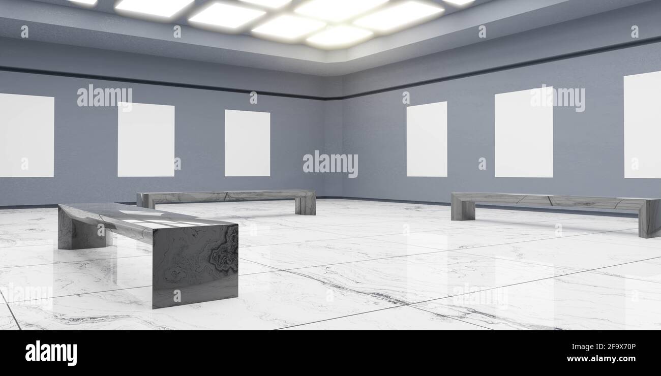 empty modern art center gallery exhibition with blank artwork and dark ...