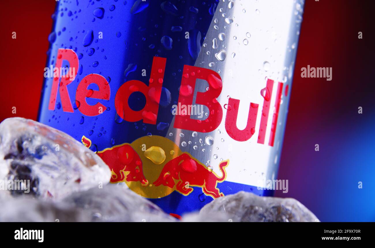 POZNAN, POL - FEB 25, 2021: Can of Red Bull, an energy drink sold by ...