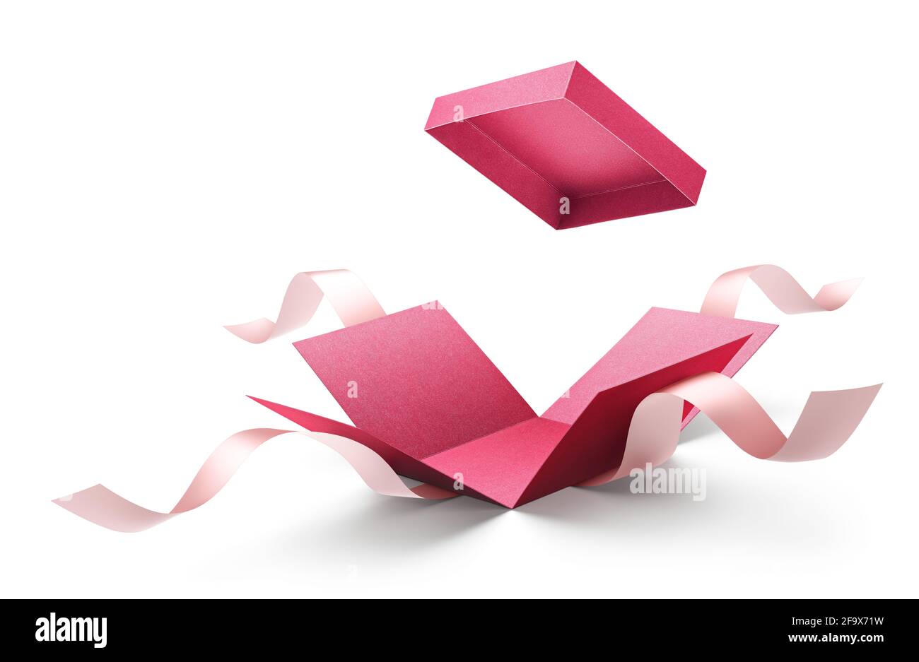 Surprise gift box, red color open gift box with ribbon isolated on ...