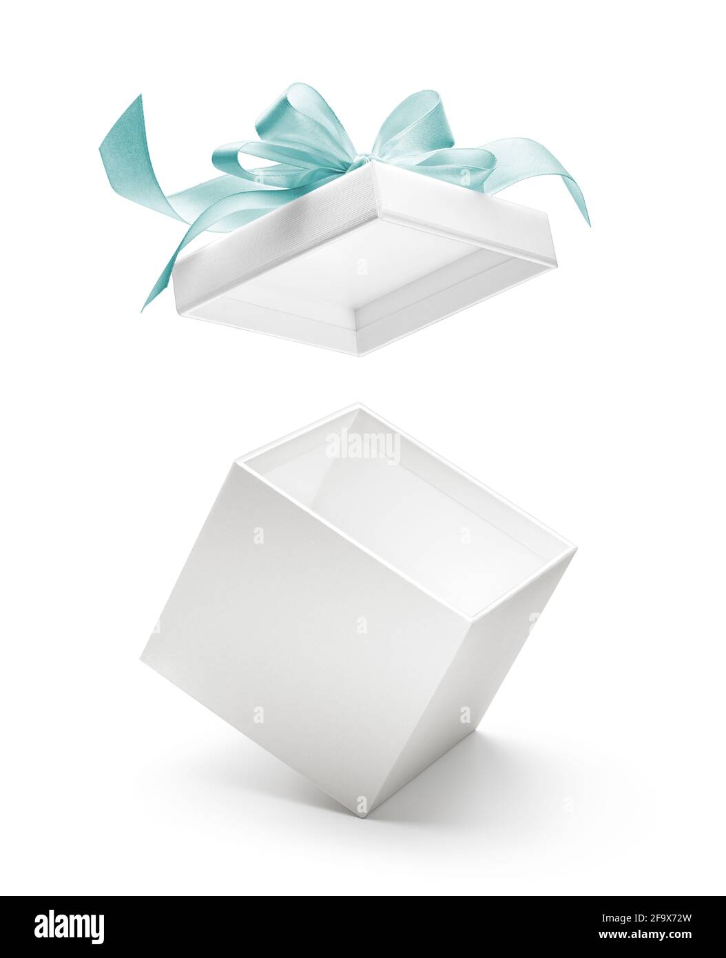 White open gift box or present with blue ribbon isolated on white ...
