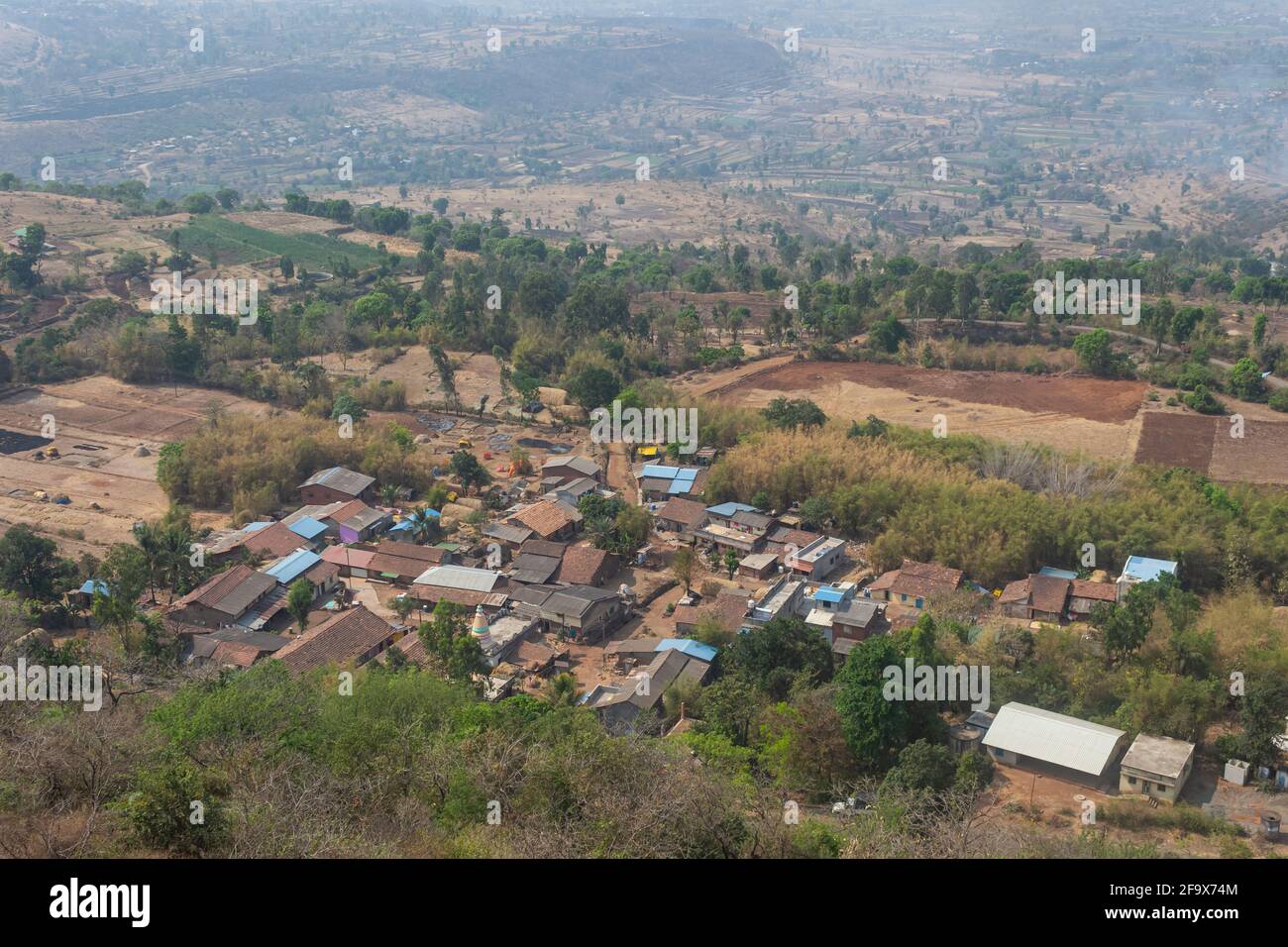 View of village houses from Panhala Fort, Kolhapur, Maharashtra, India ...