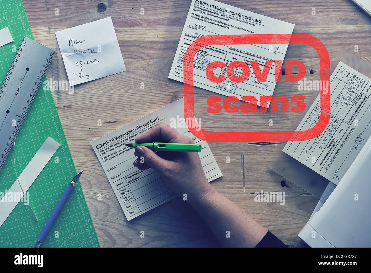 Covid scams. Fake covid vaccination record card. Forgery of health ...
