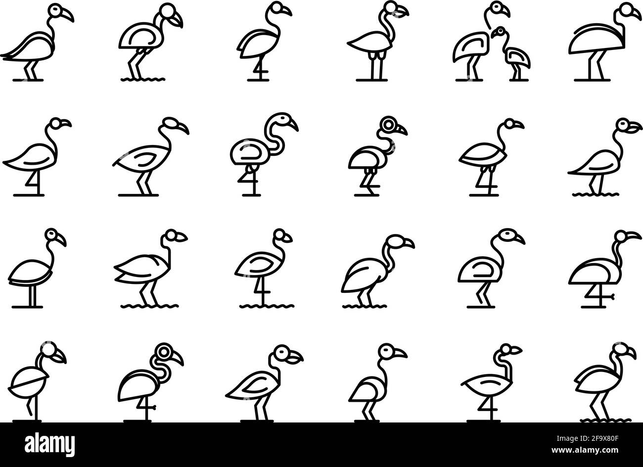 Flamingo icons set. Outline set of flamingo vector icons for web design ...