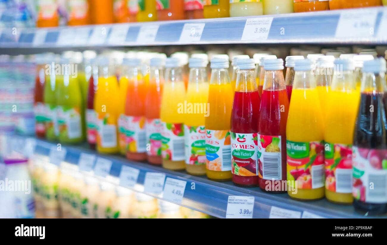 POZNAN, POL - APR 13, 2021: Variety of cold drink products put up for ...