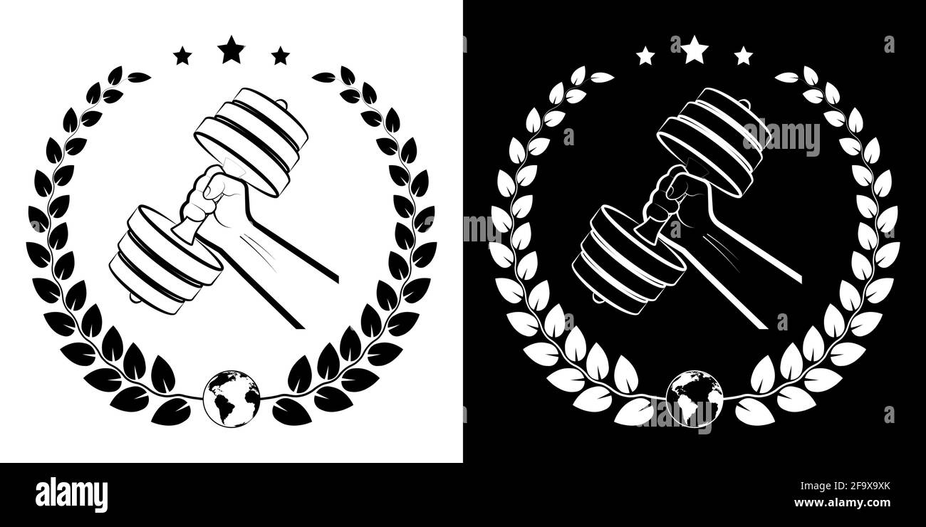 symbol, emblem strong hand of athlete and dumbbell with laurel wreath ...