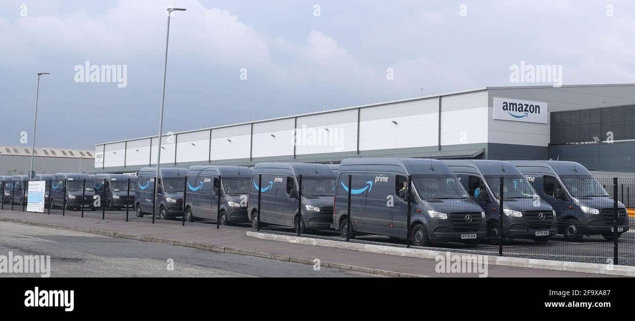 Electric delivery vans at the Amazon warehouse in the Titanic Quarter ...