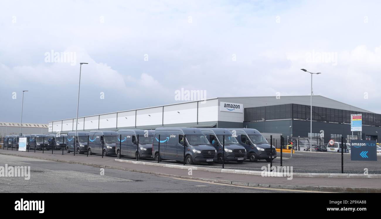 Electric delivery vans at the Amazon warehouse in the Titanic Quarter ...