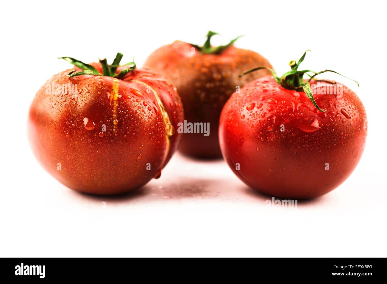 Three dark tomatoes (kumato variety) with waterdrops, close up on white ...
