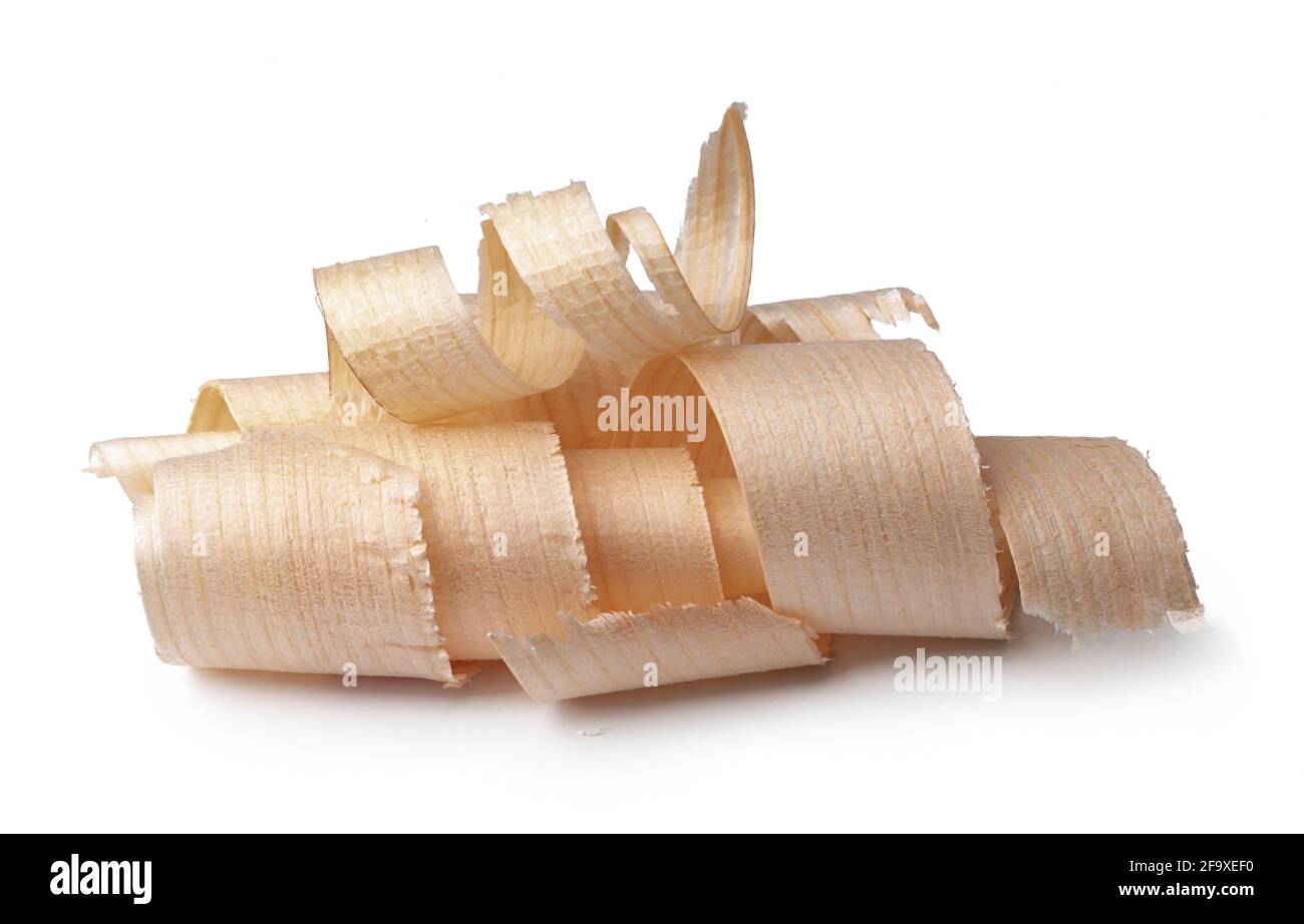 Wood shavings isolated on white background Stock Photo - Alamy