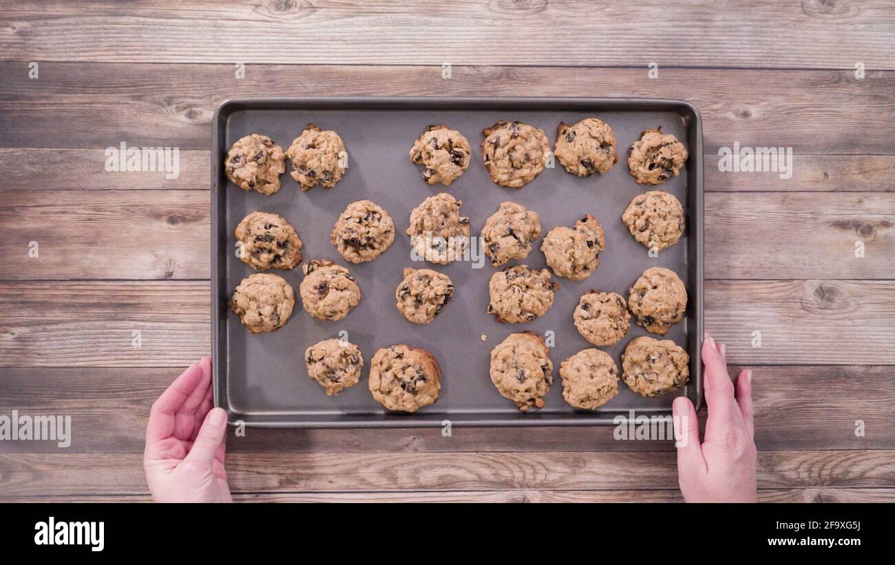 Flat lay. Step by step. Freshly baked chewy oatmeal raising cookies ...
