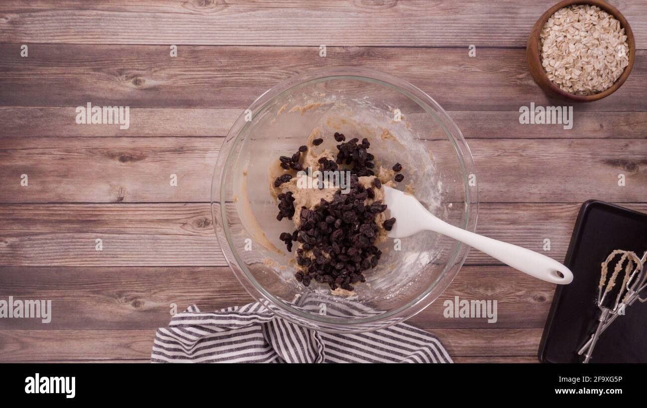 Flat lay. Step by step. Mixing ingredients to bake oatmeal raising ...