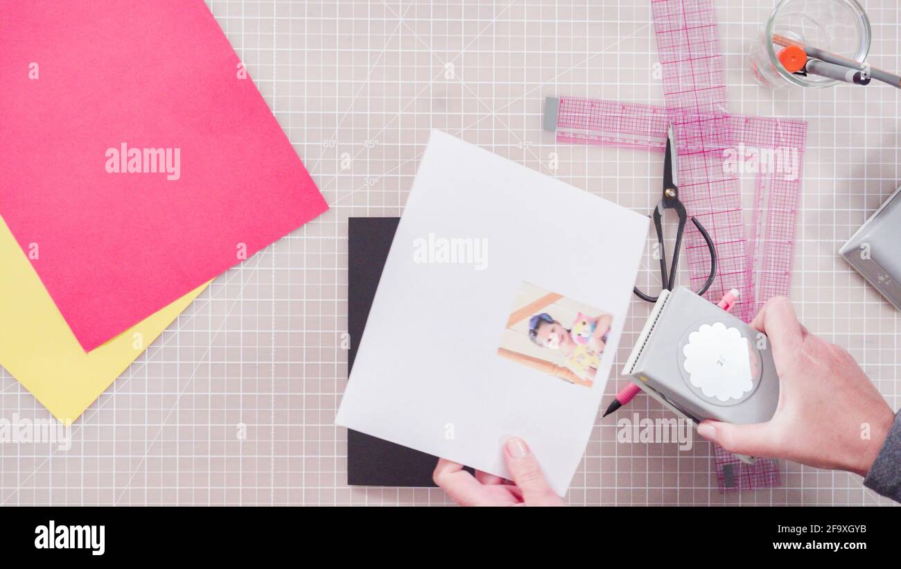 Flat lay. Little girl making a handmade Father's Day card from ...