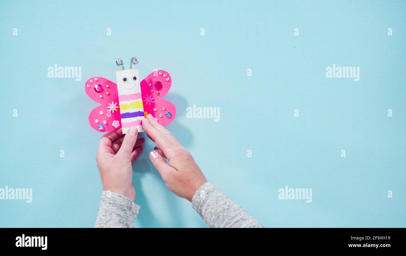 Flat lay. Papercraft project. Colorful bugs made out of empty toilet ...