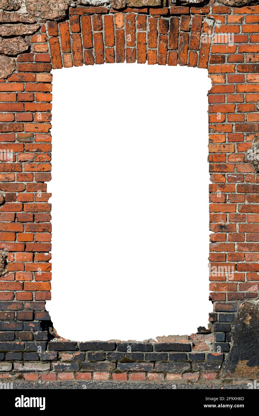 old red brick wall with hole isolated on white background in the middle ...