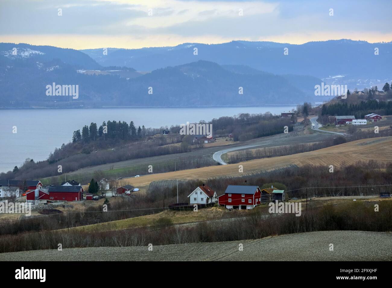 Spring in Norway, view of the agricultural area Byneset located near ...