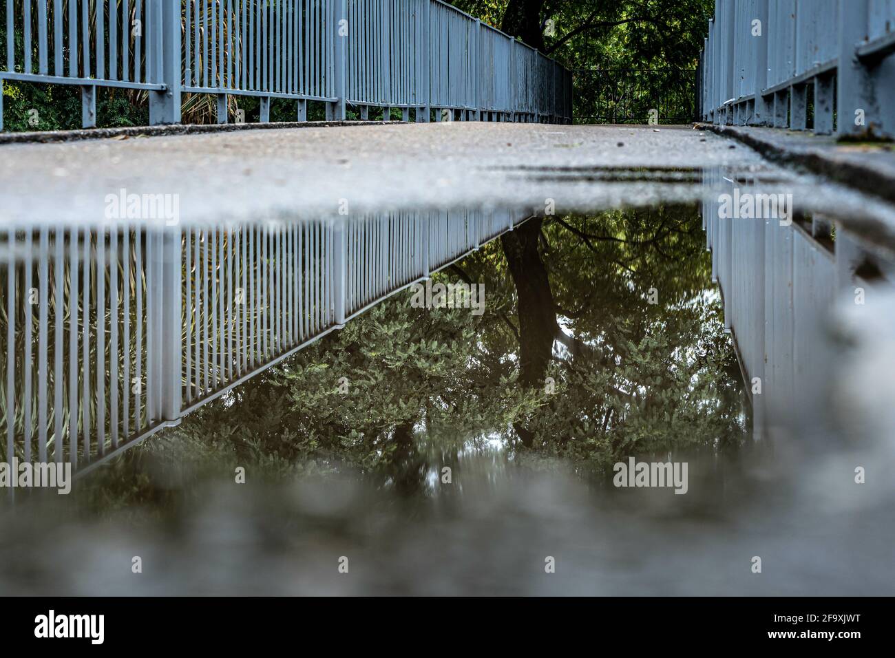 Closeup of the reflection of the metallic fence on the small puddle ...