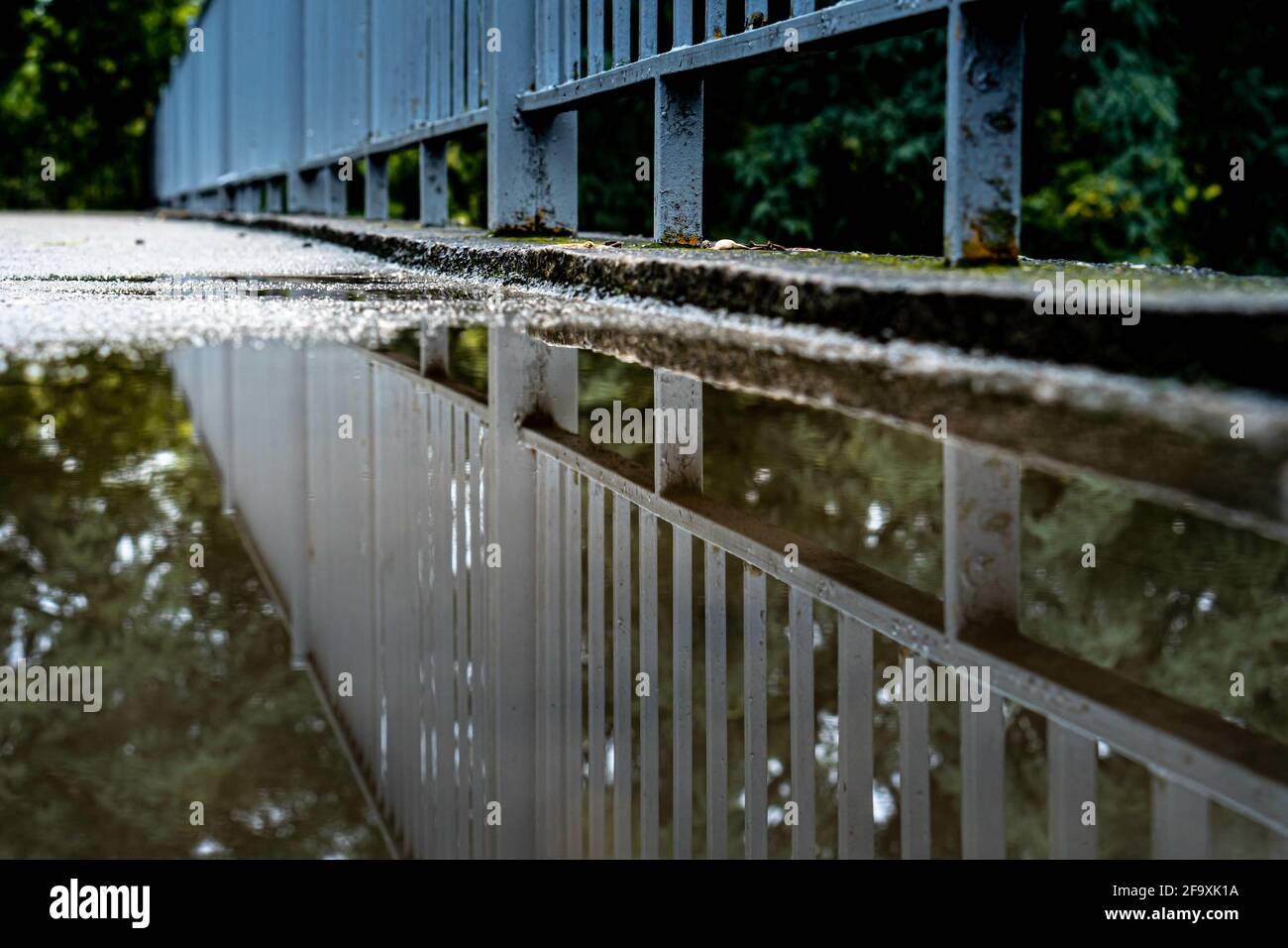 Closeup of the reflection of the metallic fence on the small puddle ...