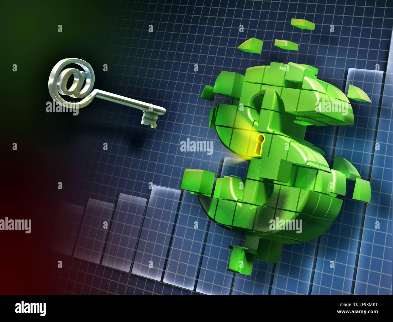 Key inserting into a fragmented dollar symbol. Digital illustration ...