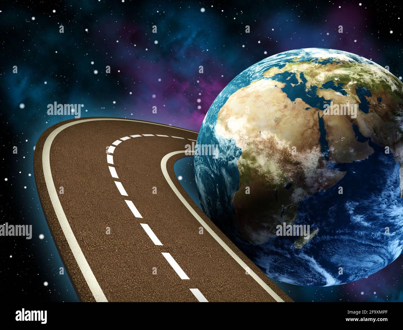Conceptual image of a road going around an Earth globe. Digital ...
