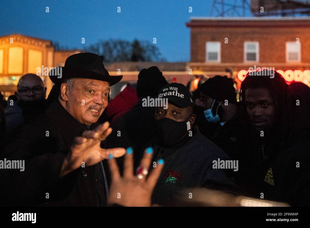 Reverend Jesse Jackson waves to the crowd after the Derek Chauvin Trial ...