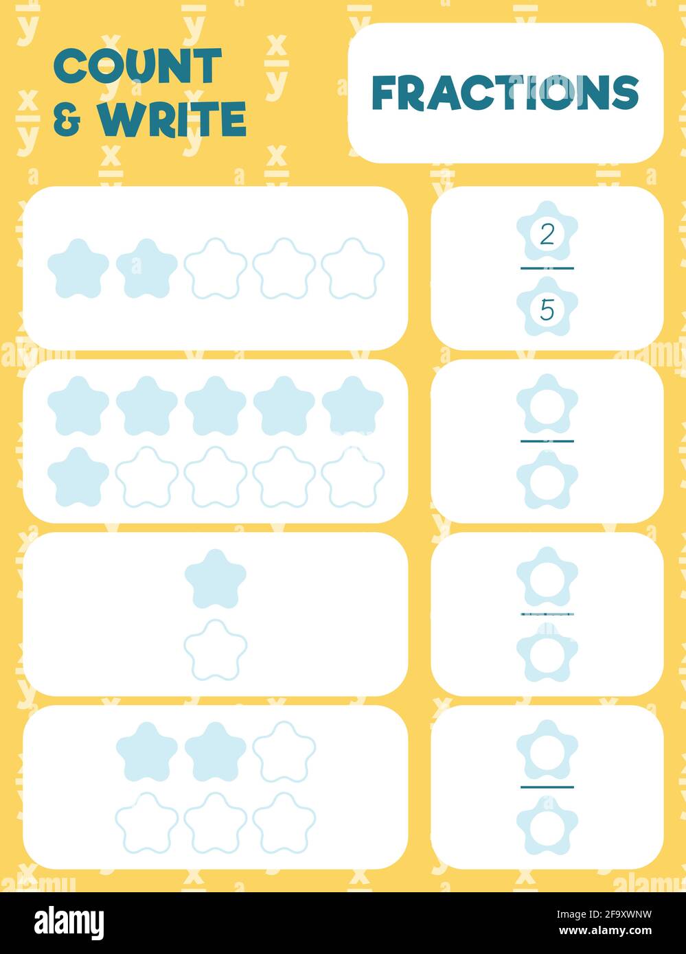 Fractions worksheet, math practice print page. Count and write Stock ...