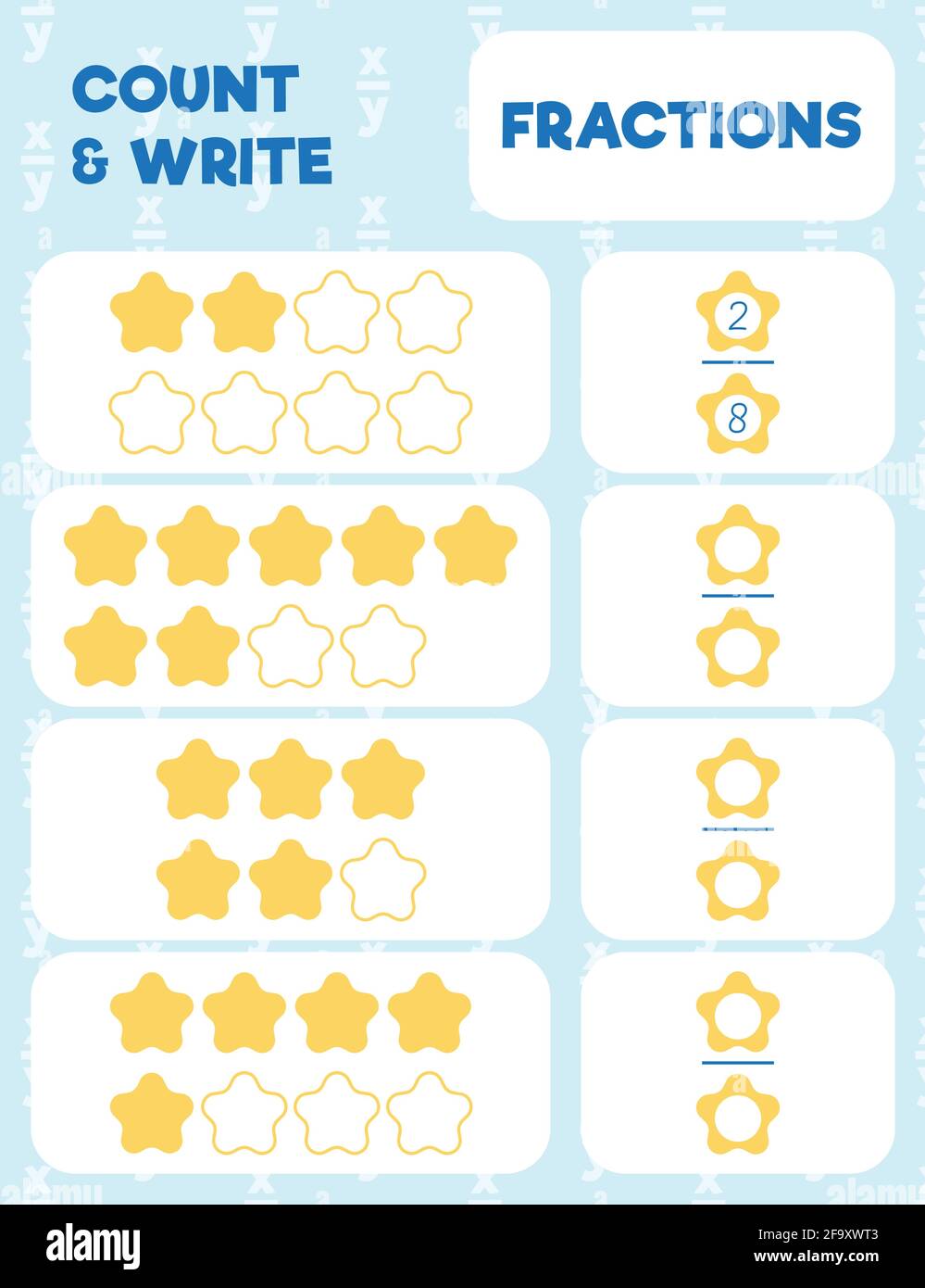 Fractions worksheet, math practice print page. Count and write Stock ...