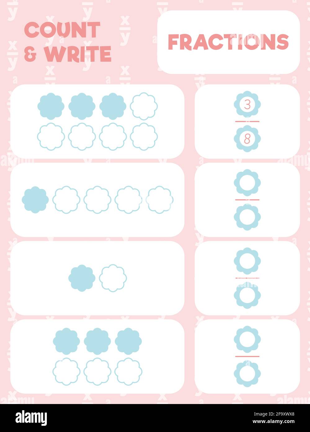 Fractions worksheet, math practice print page. Count and write Stock ...